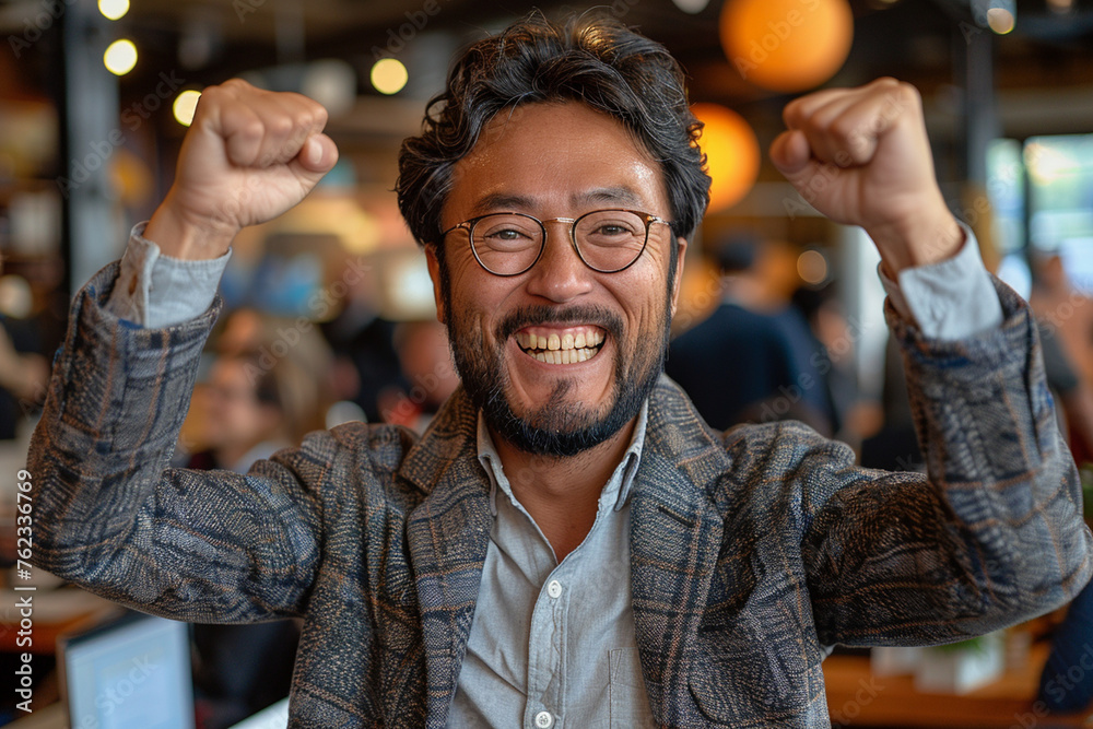 A professional photograph capturing the moment of celebration as a team ...