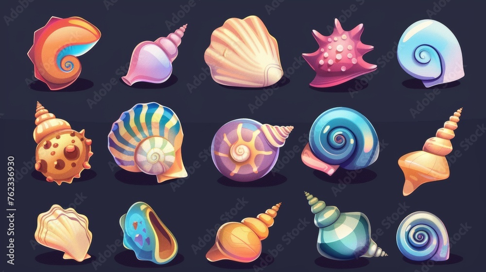 Sea shell and snail conch game icons. Cartoon modern illustration set ...