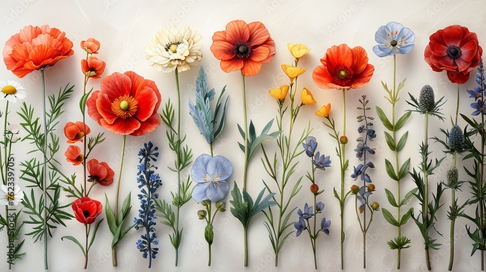 Collection of watercolor plants and flowers with poppies, cornflowers ...