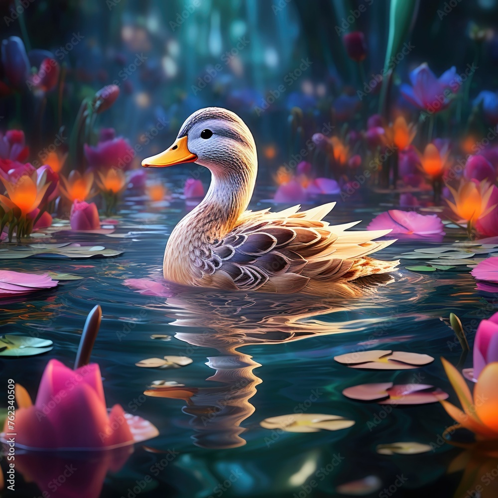 Amidst a mystical pond a whimsical fantasy duck with a shimmering tail ...
