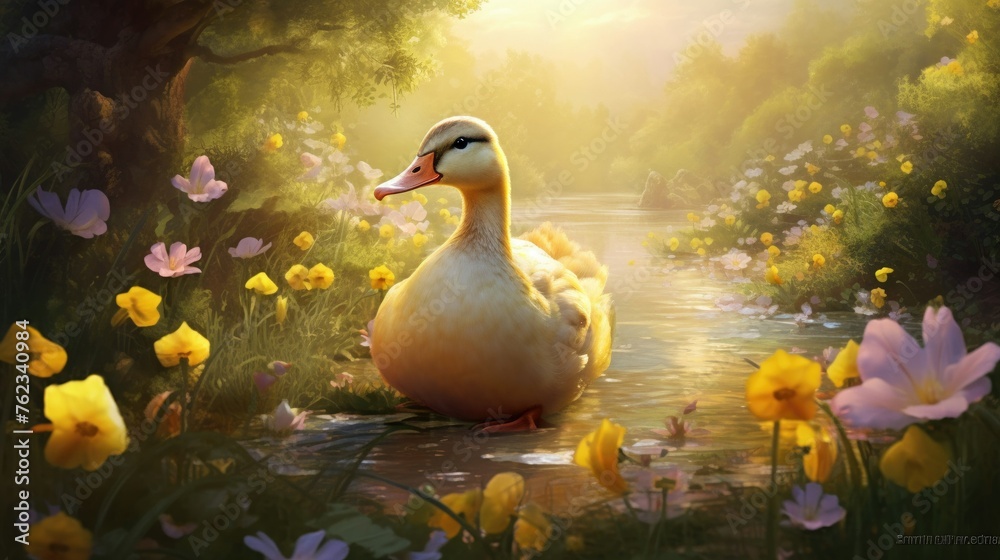 In a fairytale kingdom a charming fantasy duck wearing a tiny golden ...