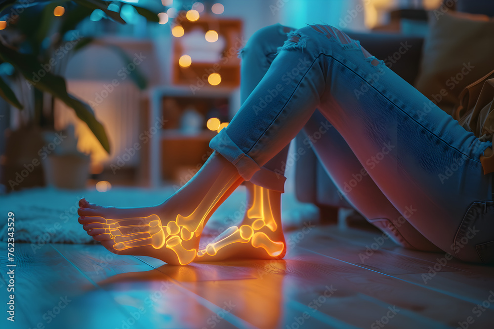 Pain concept - female suffering from foot and ankle pain, pain is ...