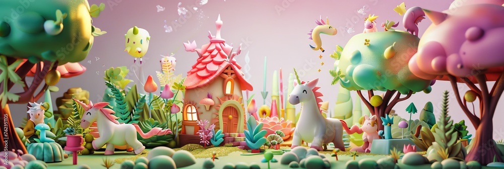 A 3D scene of a cute fantasy farm with unicorns and dragons helping ...