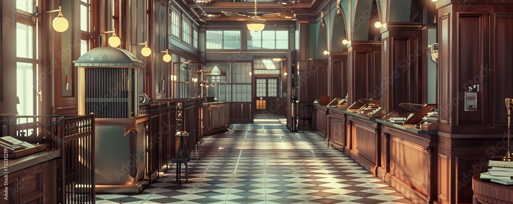 An animated 3D scene of a 1920s bank interior, with teller cages ...