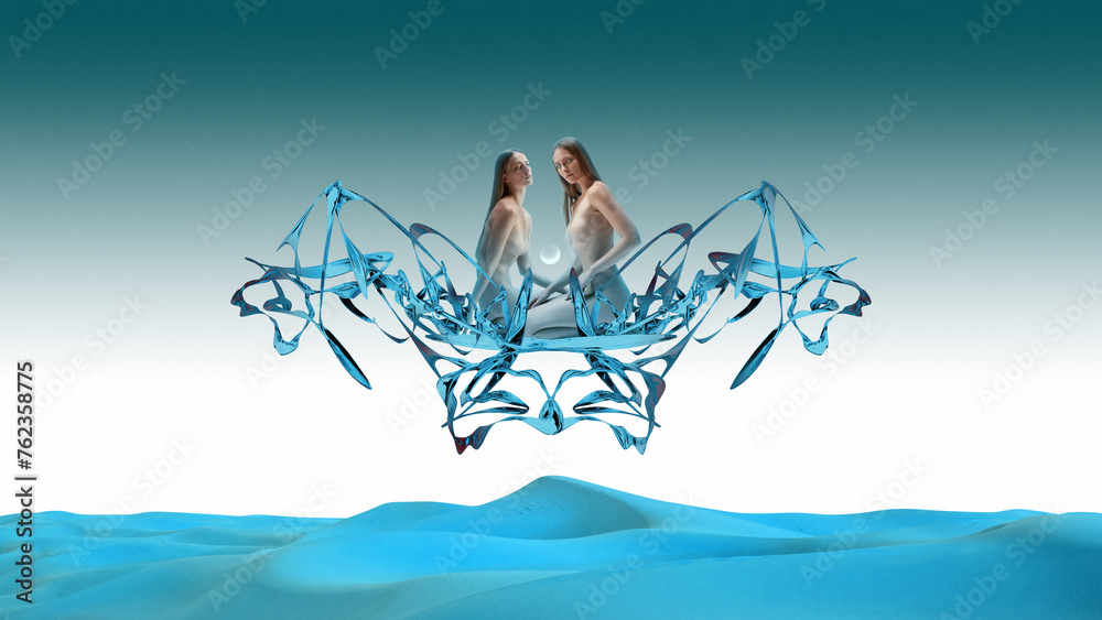 Two identical female figures mirrored with abstract shapes on desert ...