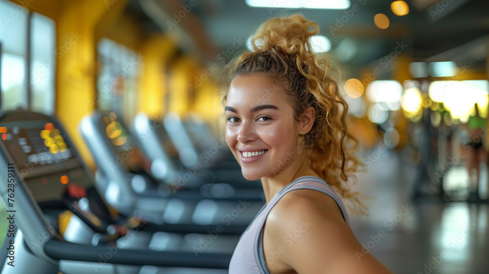 Happy confident overweight woman in blue fitness clothes on trainer ...