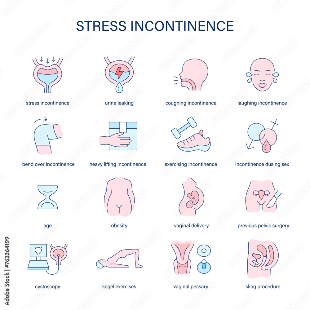 Stress Incontinence symptoms, diagnostic and treatment vector icons ...