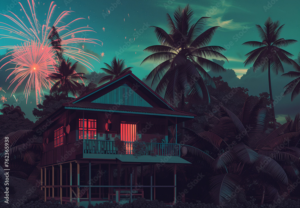 Poster, Foto Illustration of a fireworks in a village, Malaysia ...