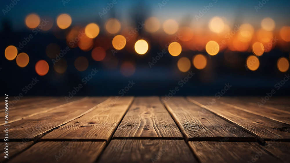 Wooden table, blurred bokeh background background. Neon light, night ...