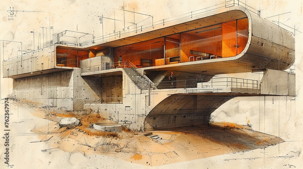 Sectional view of a drawing of an underground house with a multi-level ...