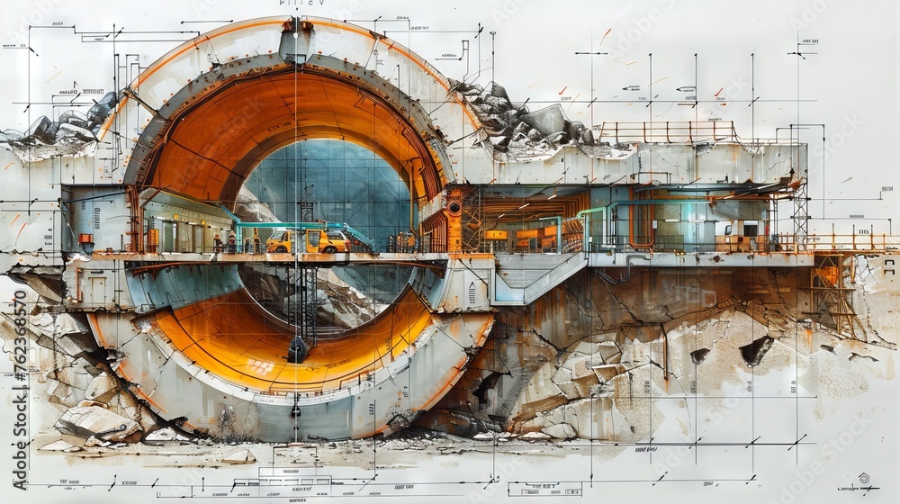 Sectional view of a drawing of an underground house with a multi-level ...