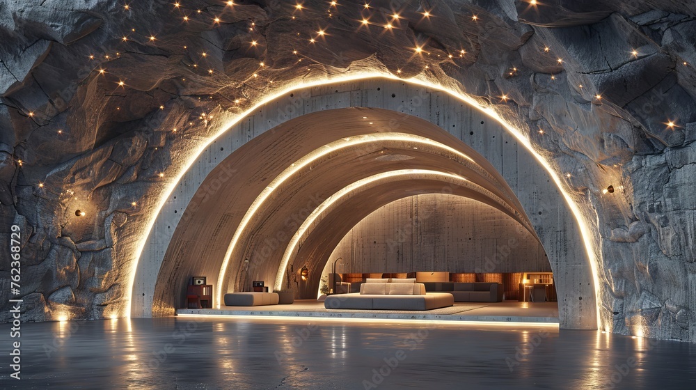 Sectional view of a drawing of an underground house with a multi-level ...