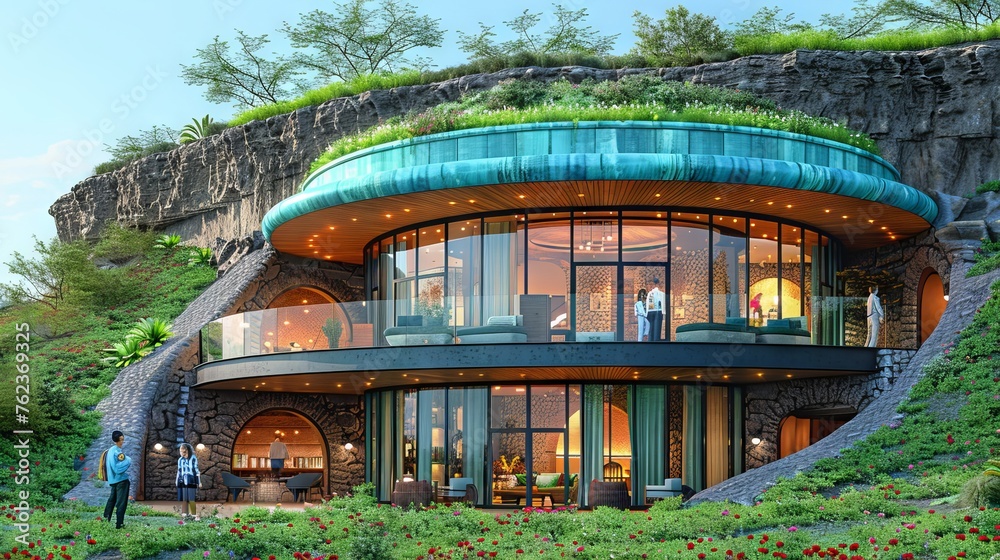 Sectional view of a drawing of an underground house with a multi-level ...