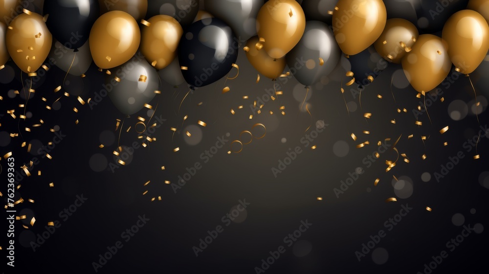 Happy birthday card with gold balloons and confetti isolated on black ...