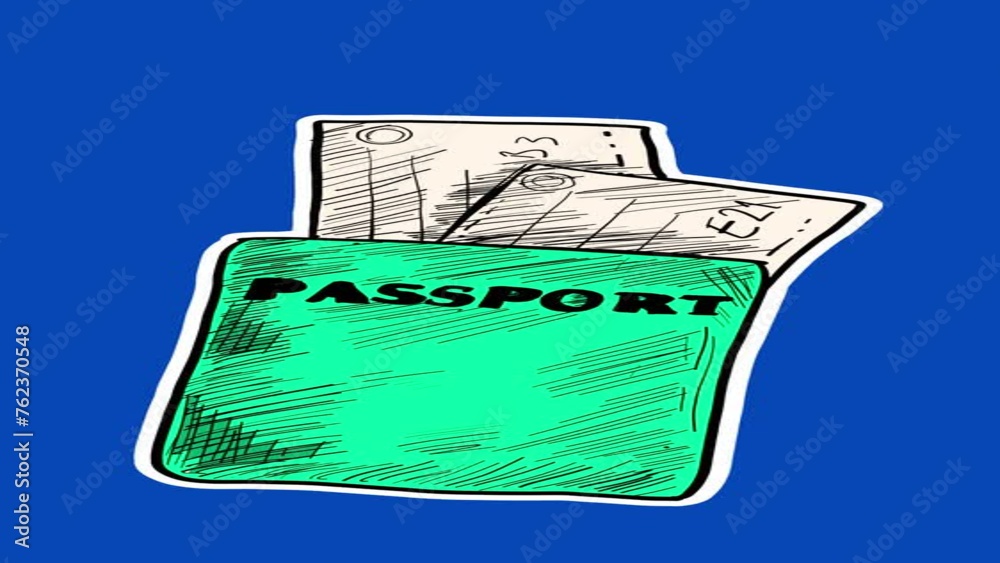 4K Animated Hand Drawn Passport and tickets Sticker Isolated on Blue ...