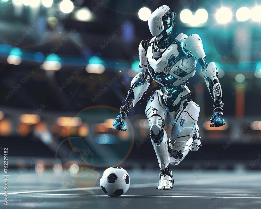 Robot soccer player dribbling the ball in a futuristic arena Stock ...