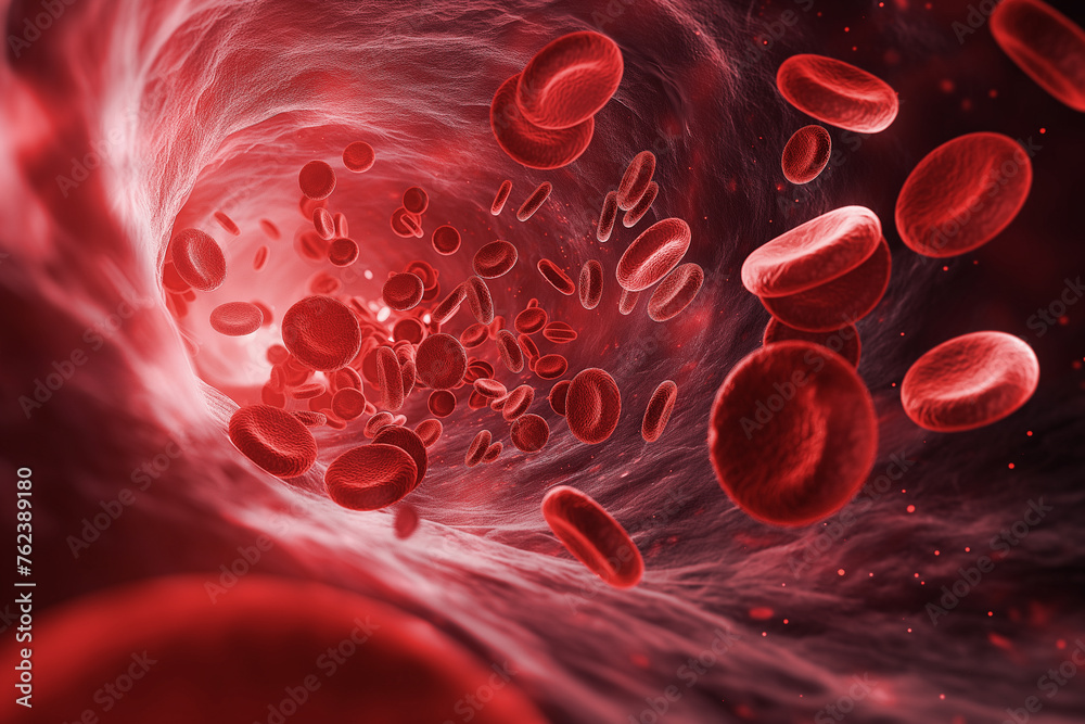 Bloodstream journey with red blood cells. Digital visualization of red ...
