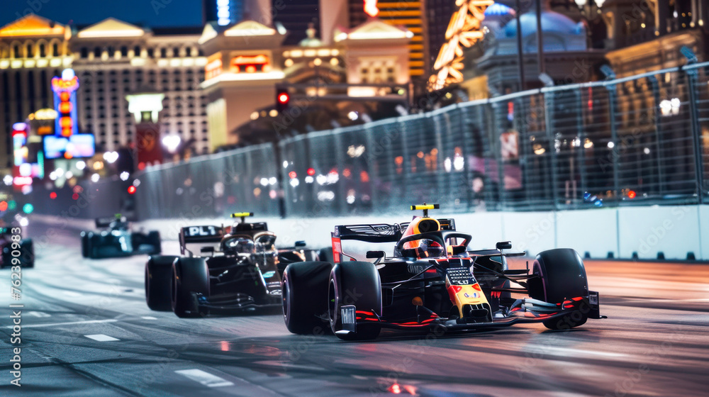 F1 race car speeding on a night city track. super car on asphalt road ...