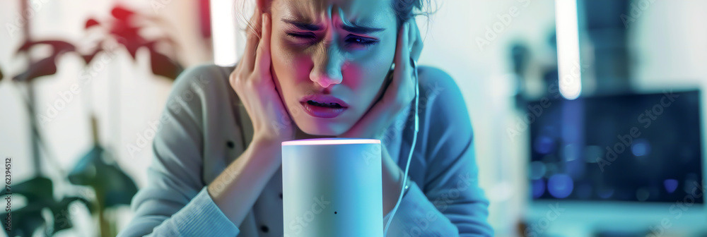 person looking frustrated while interacting with a voice assistant ...