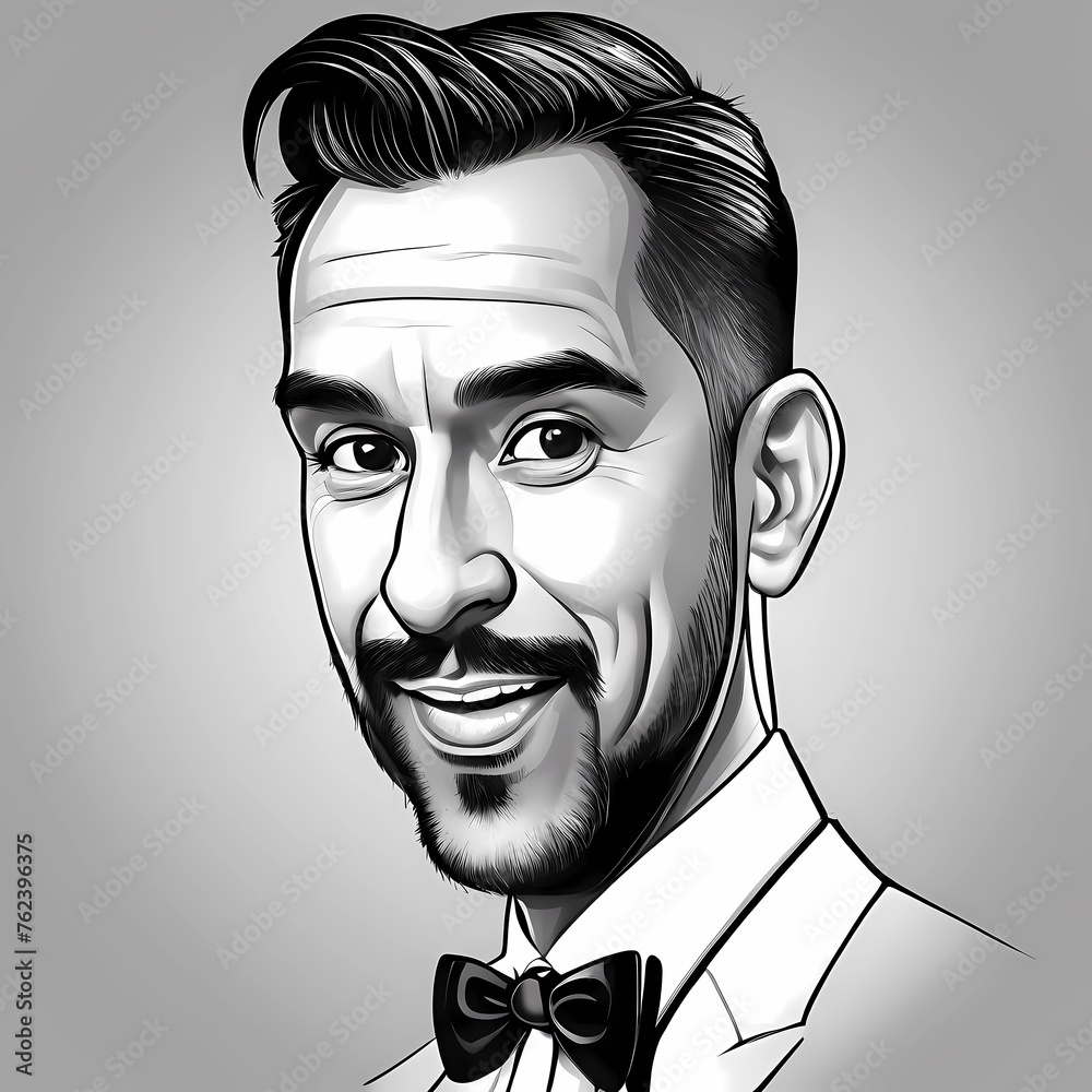 2d illustration of a cartoon caricature of a cheerful man with a beard ...