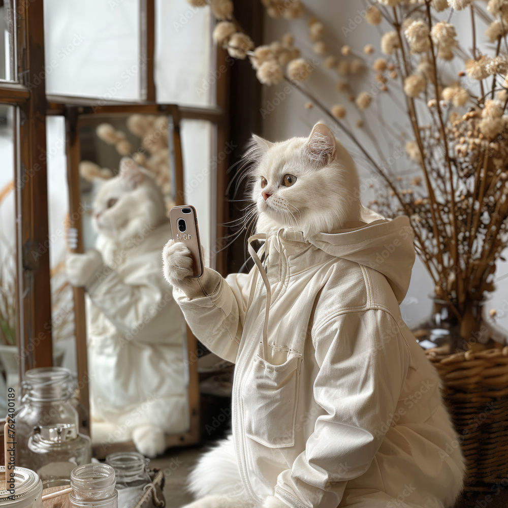 White cat female taking a selfie in a mirror, tight outfit, full body ...