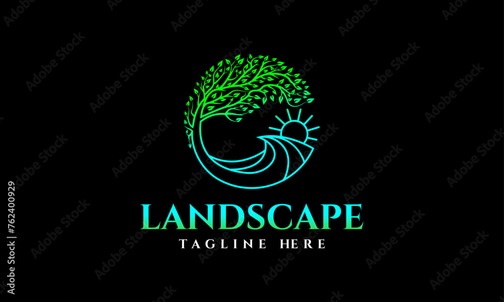 Circle Tree Ocean Landscape Logo Design vector icon symbol ...