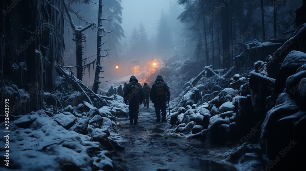 A group of military personnel in winter camouflage moves through a snow ...