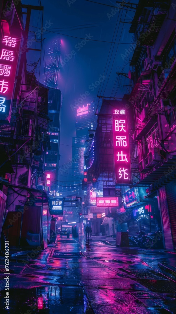 A city street illuminated by colorful neon signs at night. The signs ...