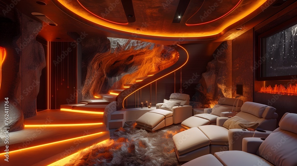 Smart Home Theater Room with Automated Spiral Staircase and Wall ...