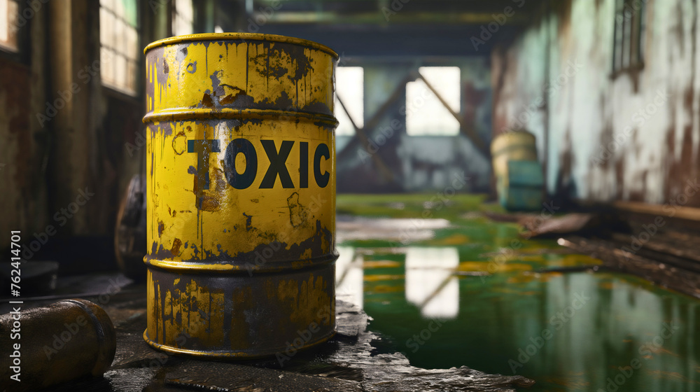 Yellow barrel with toxic and dangerous chemical fuel, green industrial ...