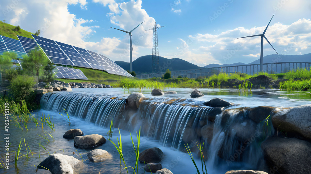 Windmills near the small waterfall on the river water stream in nature ...