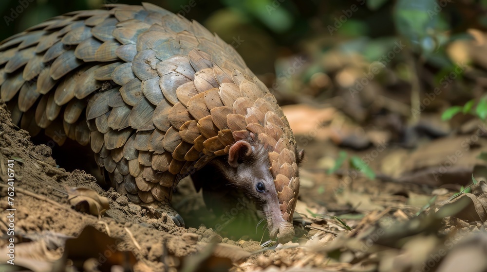 This close-up shot captures a Chinese Pangolin as it digs for food on ...