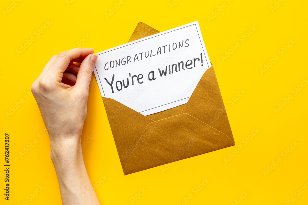 Winner concept. Lottery winner ticket of letter on golden letter ...