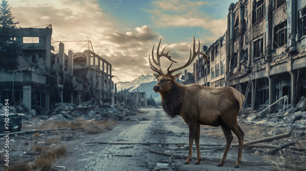 Deer or buck animal standing on the street of the post apocalyptic city ...