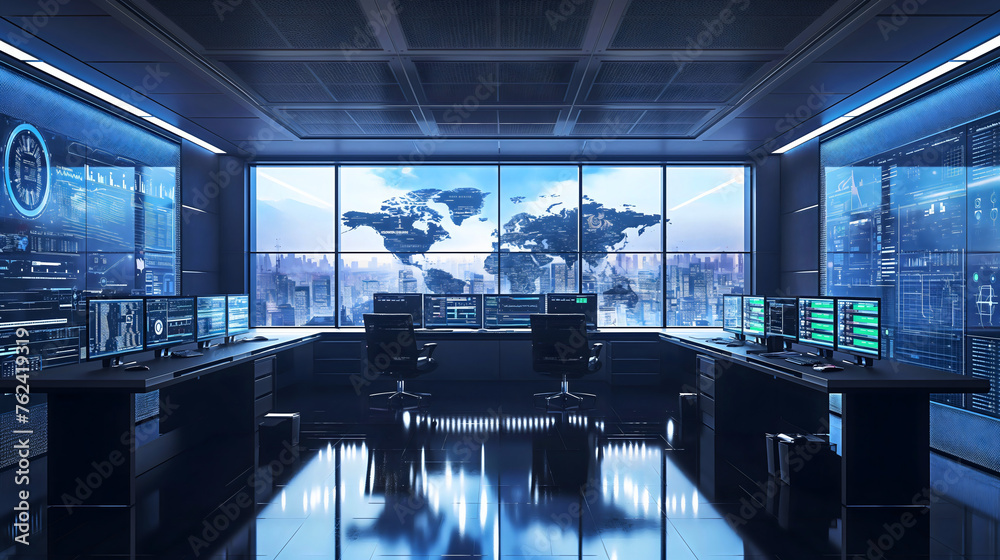 Control office room full of monitors on the table or desk with world ...