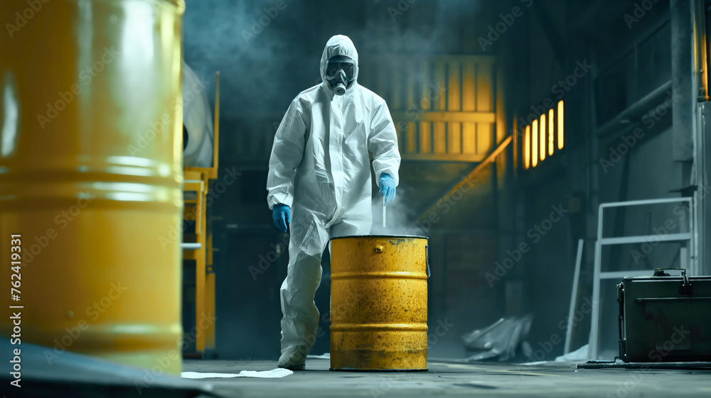 Scientist researcher in a protective white suit standing next to the ...