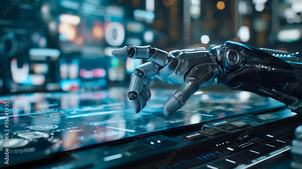 Mechanical cyborg robot machine hand or finger touching the screen on ...