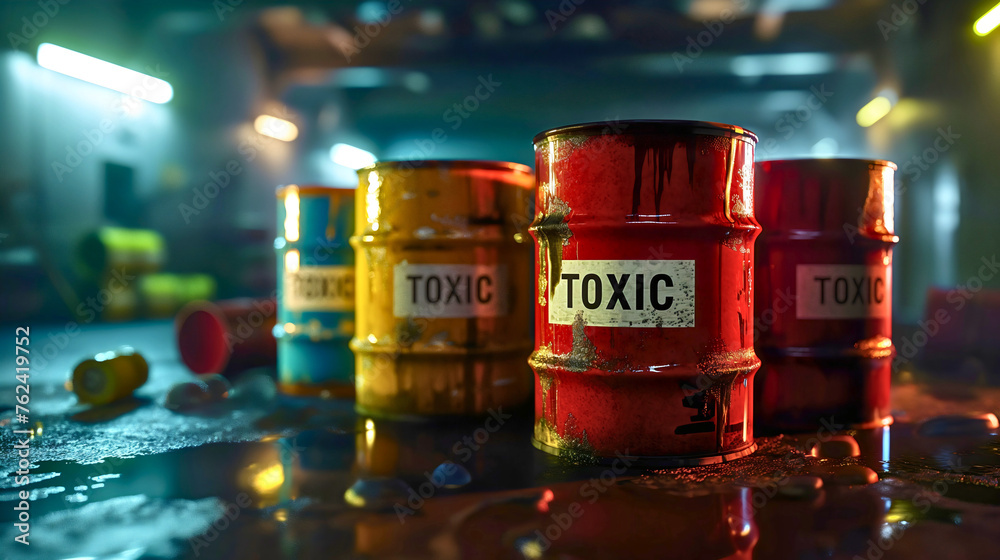 Red yellow blue barrels of toxic and dangerous chemical fuel ...