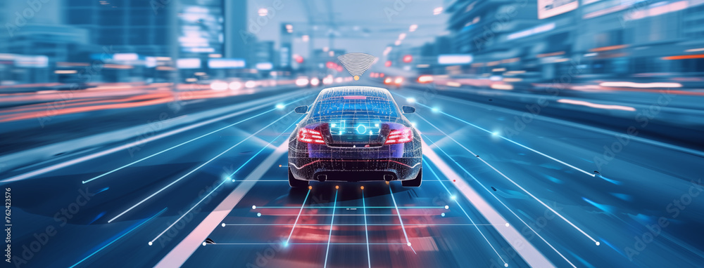 An EV or smart car glides through traffic, its sensors alert to road ...