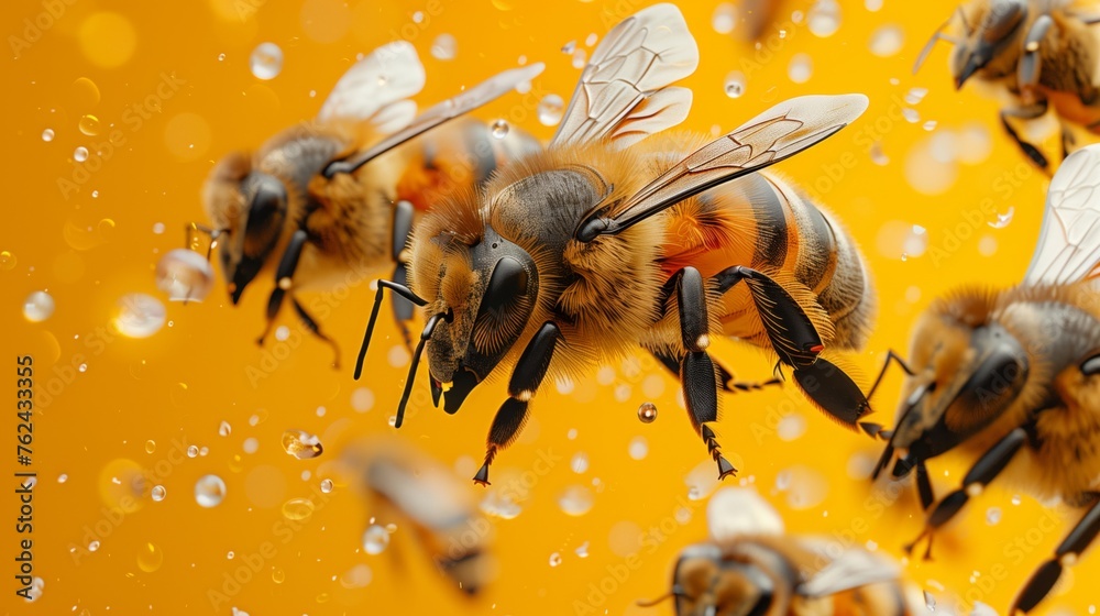 Honey bees swarm with droplets on amber background: close-up of honey ...