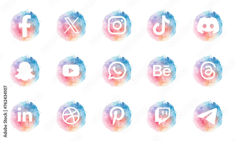 Cute pastel colored watercolor social media icons isolated on ...