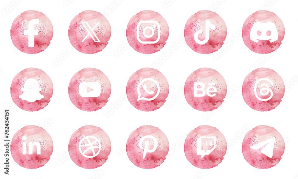 Cute pink watercolor social media icons isolated on transparent ...