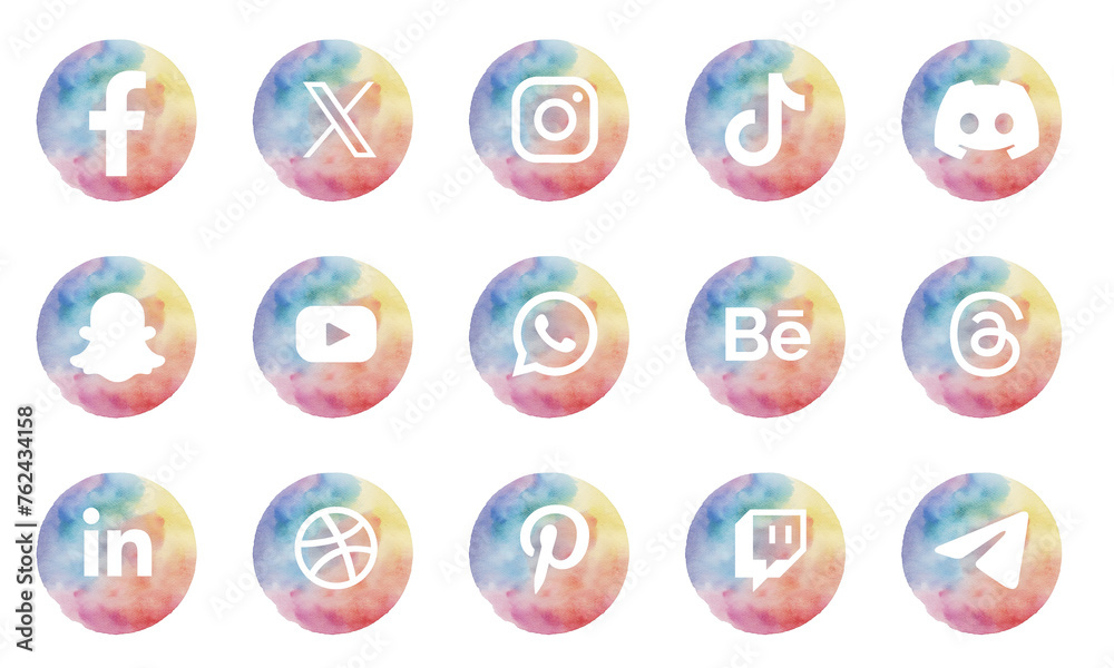 Cute pastel rainbow colored watercolor social media icons isolated on ...