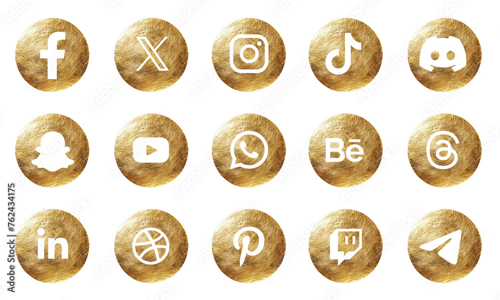 Cute gold foil social media icons isolated on transparent background ...
