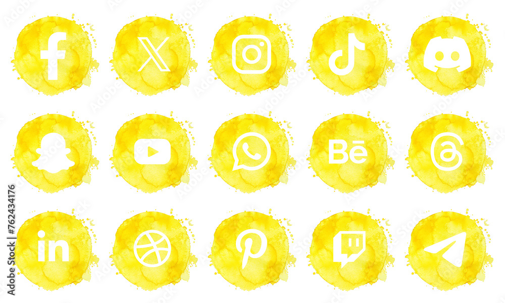Cute yellow watercolor social media icons isolated on transparent ...