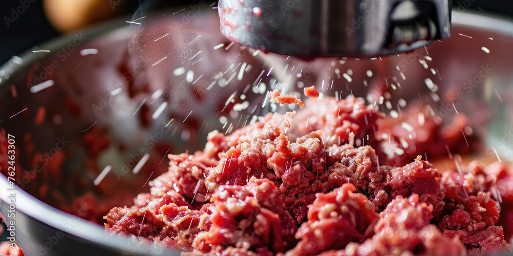 Dynamic Minced Meat Grinder at Work. High-speed capture of ground meat ...