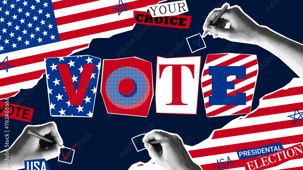 Collage for 2024 presidential election. Vector banner with USA flags ...