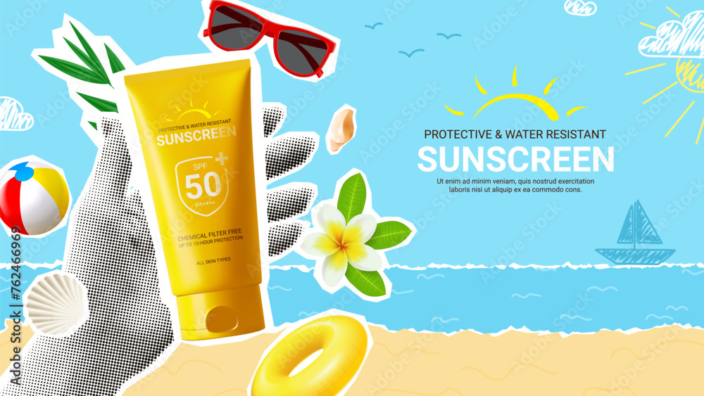 Collage for promotion sunscreen. Banner with collage items with ...
