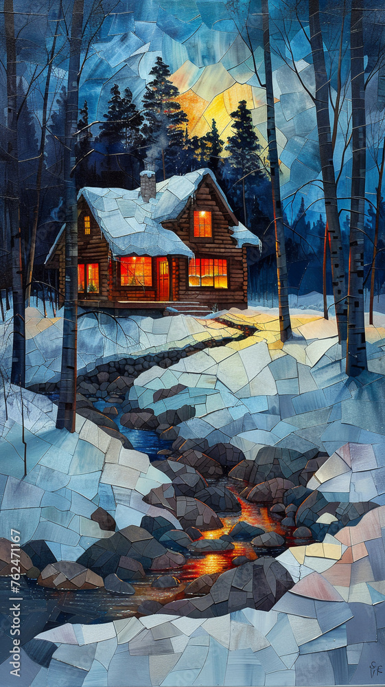 Cubism of A cozy, snowcovered log cabin at twilight, with warm light ...