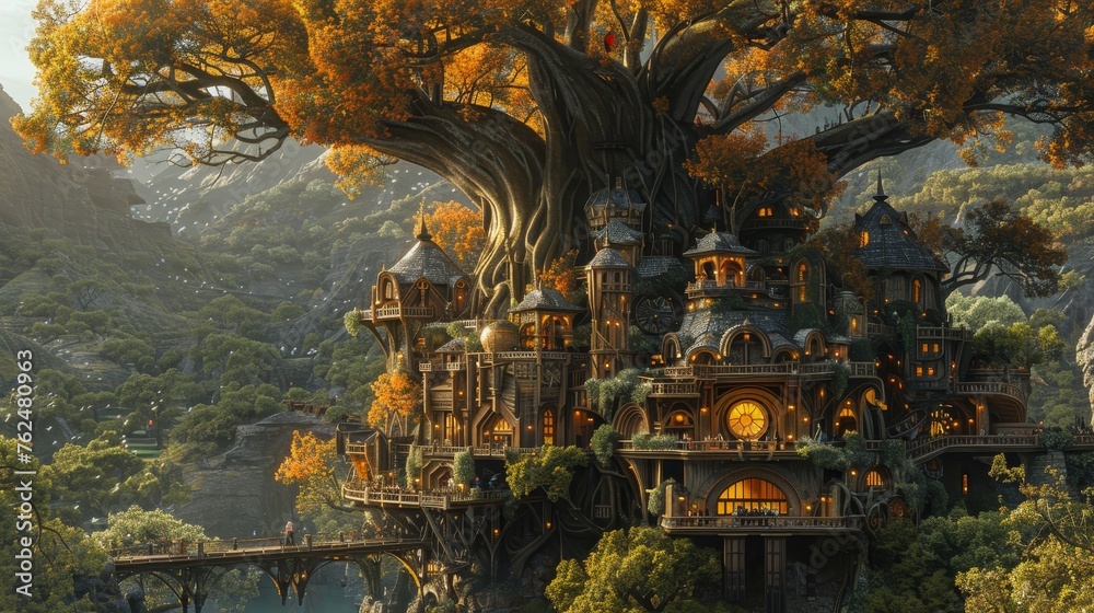 This enchanting treehouse city, bathed in the golden hour light, blends ...